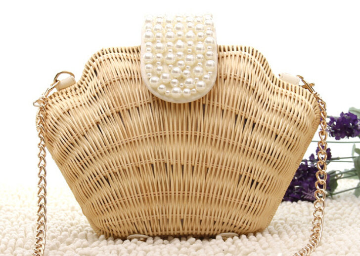 Vintage Retro Shell Bead Clutch Rattan Hardware Clutch Beach Handbag ...